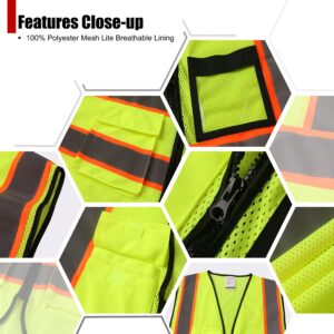 HATAUNKI High Visibility Reflection Yellow Mesh Safety Vests with 8 Pockets and Front Zipper, hi vis safety vest for Men and Women, Meets ANSI/ISEA Standards(Yellow-07,X-Large)