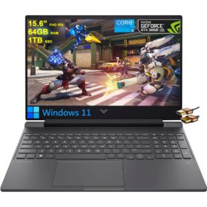 hp victus 15 gaming laptop 15.6” fhd ips ag display 12th generation intel 12-core i5-12500h (beat i7-11800h) 64gb ram 1tb ssd geforce rtx 3050 4gb graphic backlit b&o win11 black + hdmi cable