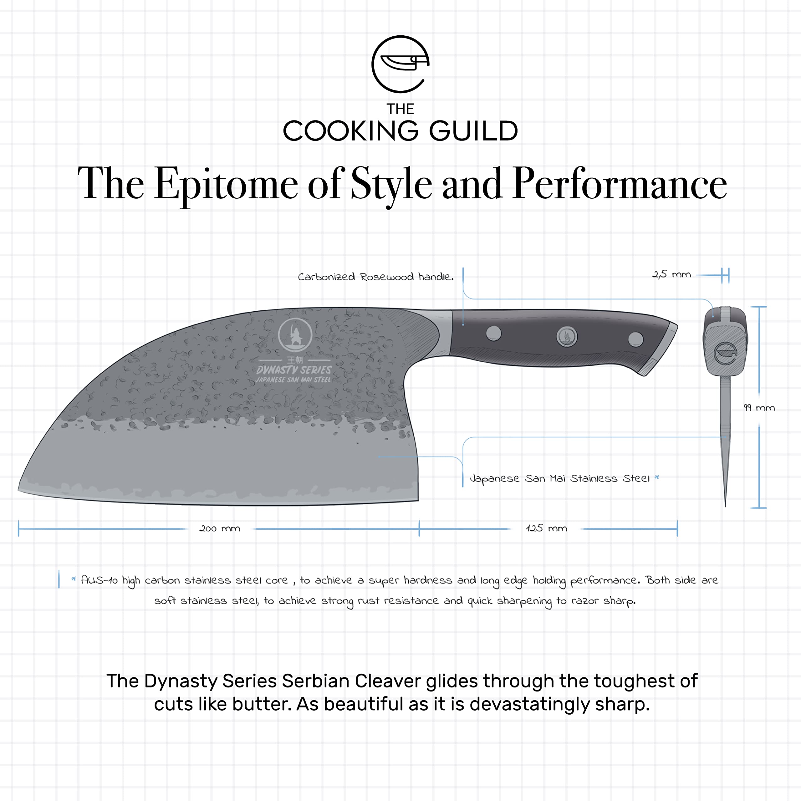 The Cooking Guild Serbian Chef Knife - 7.8 Inches - Dynasty Series - Japanese High Carbon Stainless Steel Meat Cleaver Knife - Rosewood Handle - Heavy Duty Kitchen Cleaver Knife