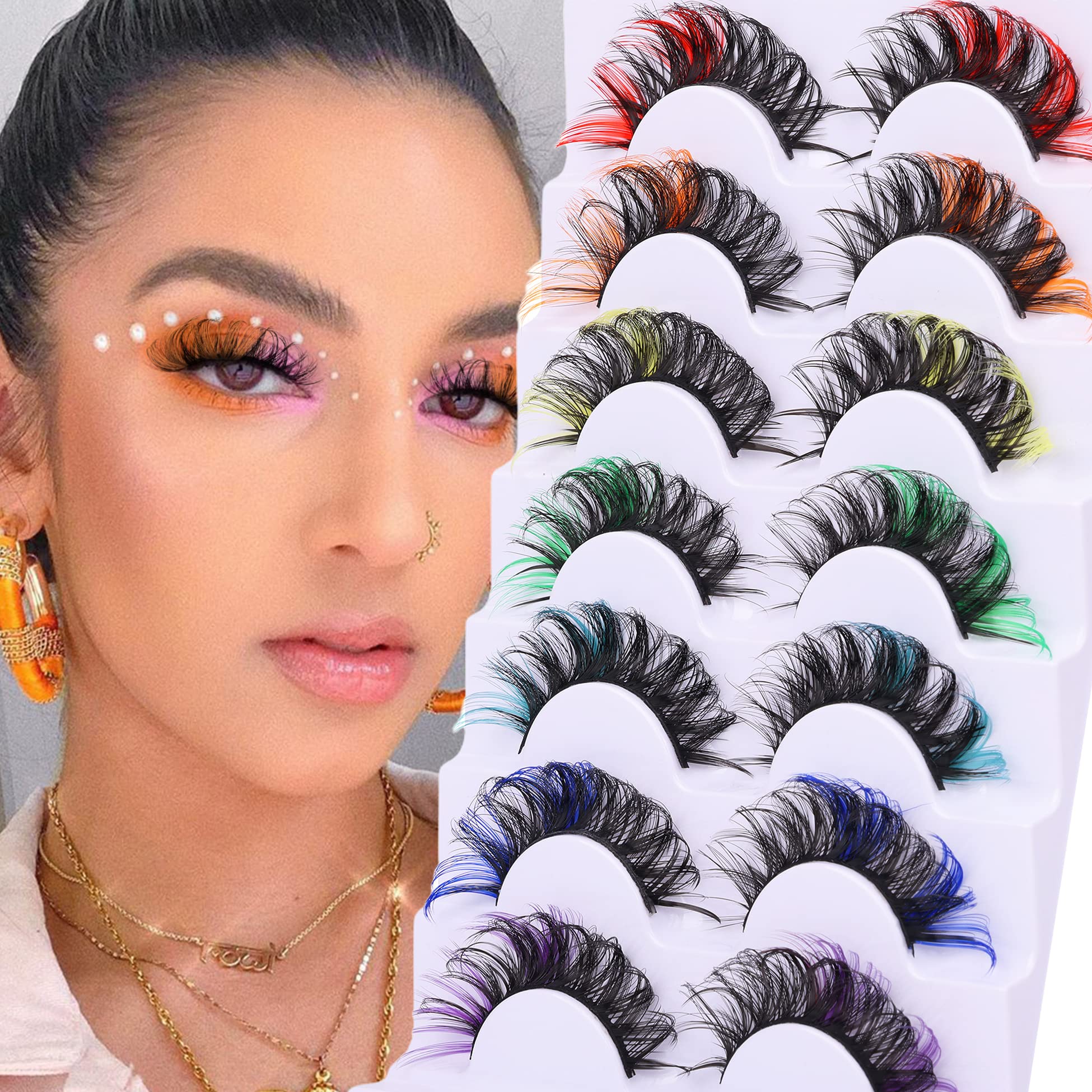 Colored Eyelashes Mink Lashes with Color Fluffy Natural Wispy Strip Eye Lashes 5D Volume False Eyelashes Pack 7 Pairs Cosply Rainbow Colors Fake Eyelashes by TNFVLONEINS