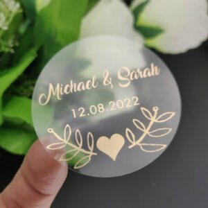 clear wedding favor stickers, transparent label stickers, gold foil wedding favors, bridal party, custom clear and white stickers, rose gold (c)