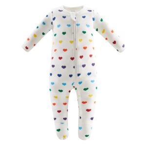 owlivia organic cotton baby pajamas, boys girls zip front sleep 'n play, footed sleeper, long sleeve(3-6 months, rainbow hearts)