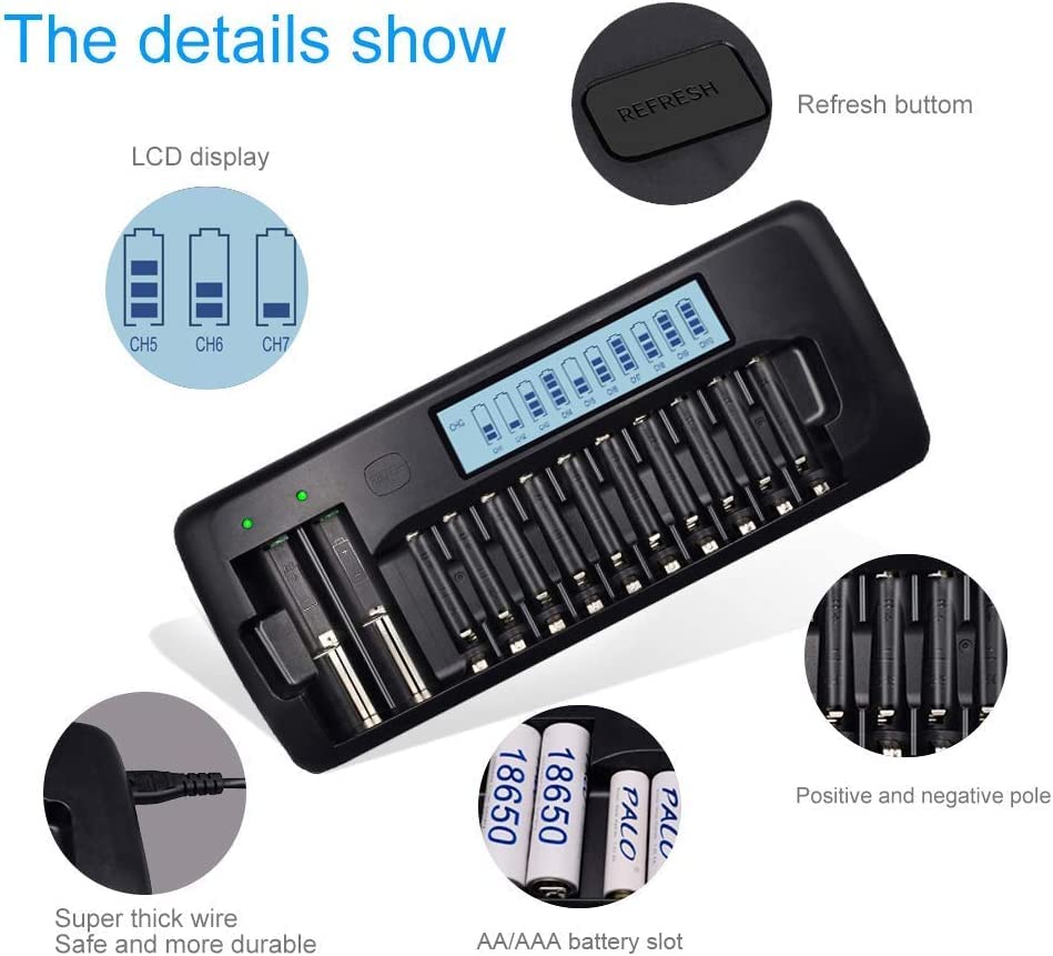 CITYORK 12 Bay LCD Universal Battery Charger for Rechargeable AA AAA NIMH NICD Batteries and 18650 18490 17670 17500 16340 Rechargeable Lithium Batteries, Fast Charger（NOT Include Battery）