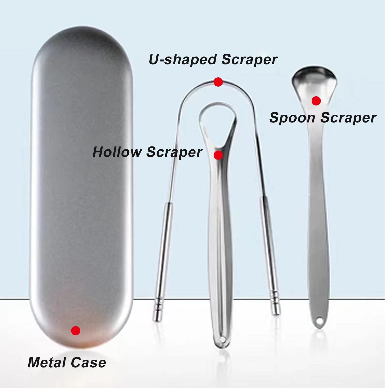 3 PCS Tongue Scraper for Adults with U-shaped & Hollowed-out & Spooned Stainless Steel Tongue Cleaner with Metal Travel Case Bad Breath Remedy