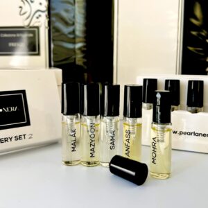 pearlanera complete fragrance discovery set of 20 samples, featuring spray vials from the house of maison d'orient arabian oud perfumes (muestras de fragancias arabes)