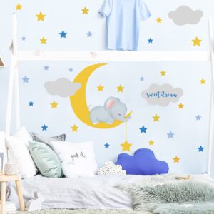 moon and stars wall stickers, sleeping elephant wall decals sweet dream decoration for baby room kids bedroom nursery and playroom