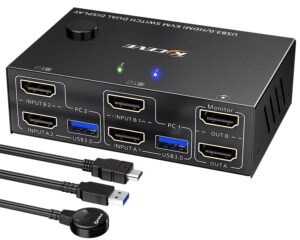 usb 3.0 dual monitor kvm switch hdmi 4k@60hz 2k@144hz simulation edid, mleeda usb hdmi extended display switcher for 2 computers share 2 monitors and 4 usb 3.0 ports,wired remote and cables included