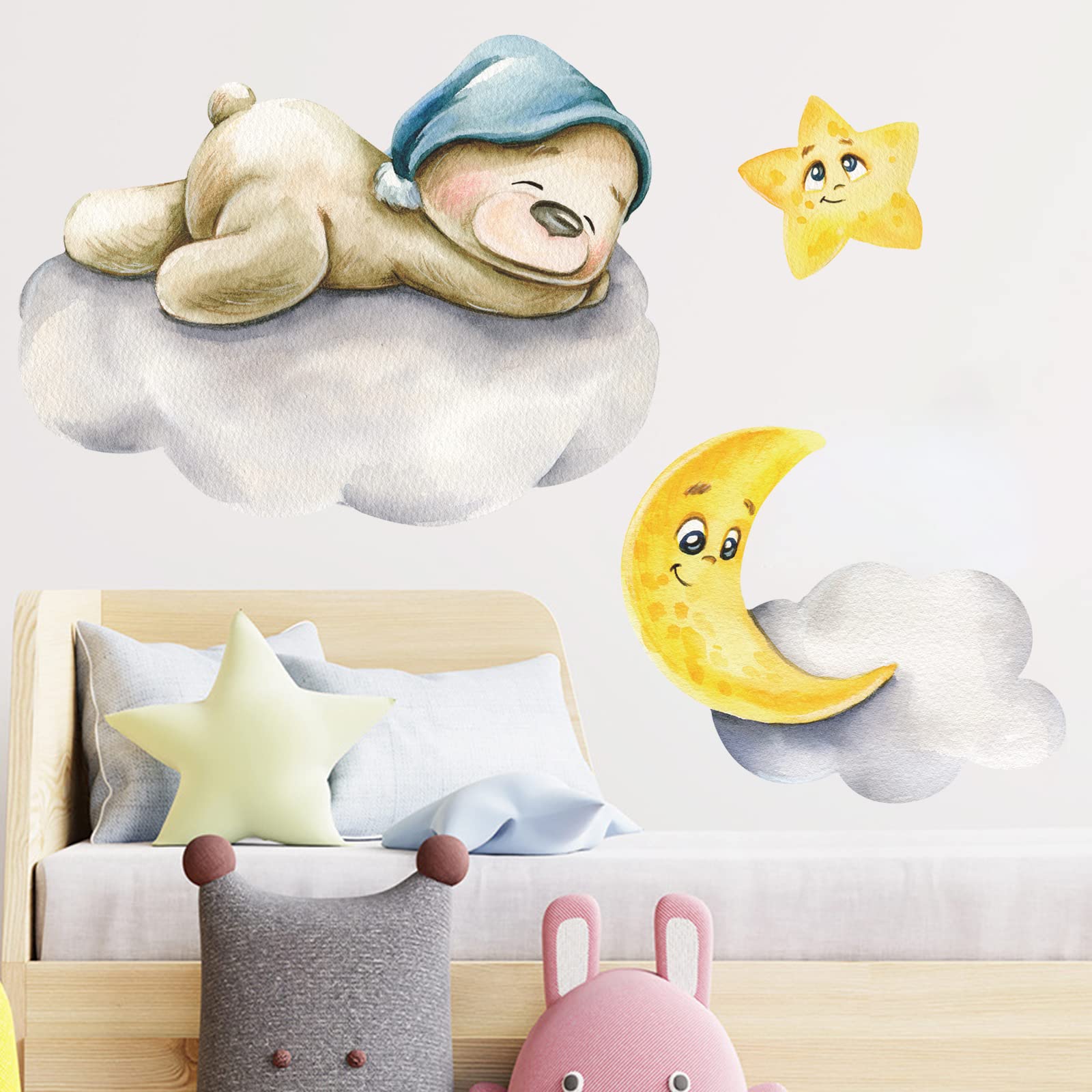 Cute Bear Sleeping Wall Stickers Baby Decor for Nursery Bear Wall Decals for Kids Bedroom Playroom