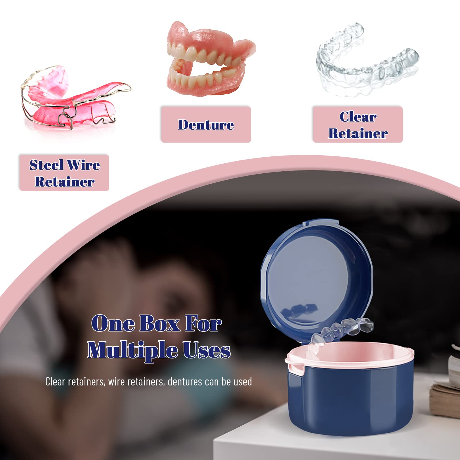 LELE LIFE 2 Pack Denture Case with Strainer Basket, Denture Cup, Retainer Case, Denture Bath Box, False Teeth Container for Travel Cleaning (Blue)