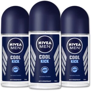 nivea for men cool kick anti-transpirant deodorant roll-on, 50 ml / 1.7 oz (pack of 3)