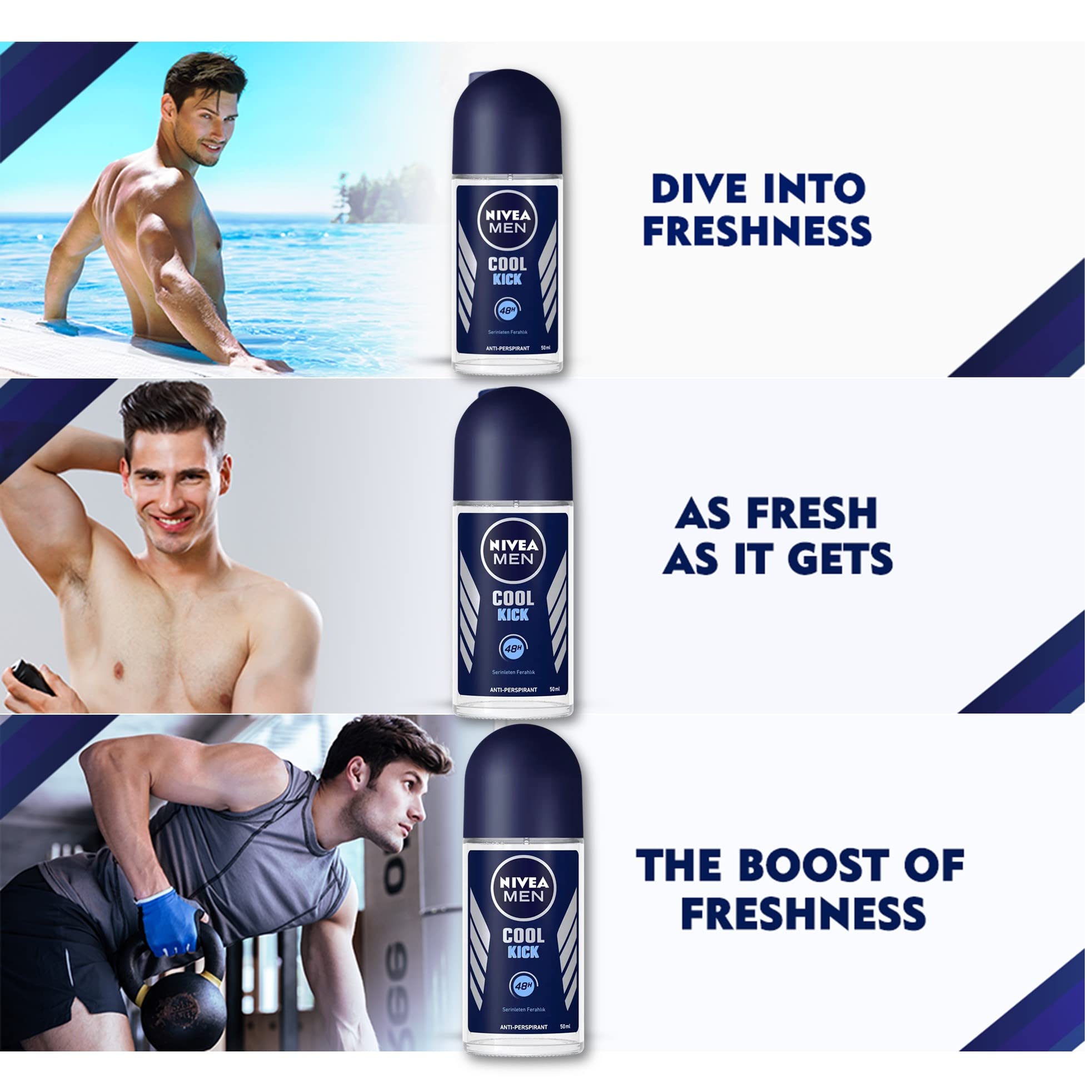 Nivea for Men Cool Kick Anti-Transpirant Deodorant ROLL-ON, 50 ML / 1.7 OZ (PACK OF 3)