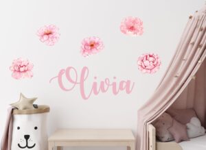 custom name flower wall decal - watercolor floral wall decals - custom peonies flower wall stickers - peonies blossom wall stickers - girls flowers wall stickers - wall decal for nursery home decor