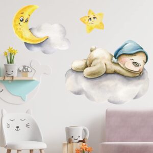 Cute Bear Sleeping Wall Stickers Baby Decor for Nursery Bear Wall Decals for Kids Bedroom Playroom