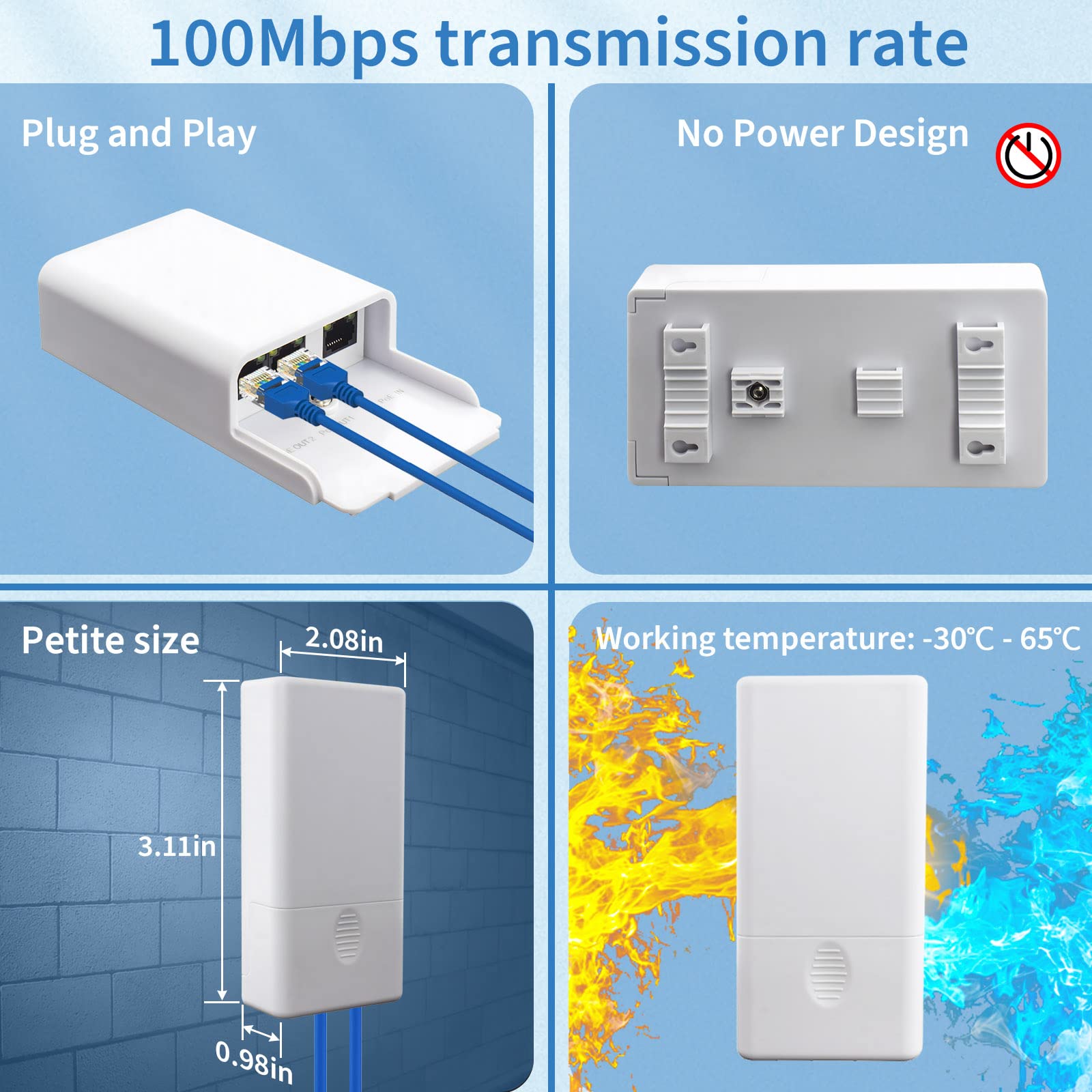 CENTROPOWER Passive 2 Port POE Extender Outdoor ，IP65 Waterproof PoE Passthrough Switch，10/100Mbps，(30W) IEEE 802.3af / 802.3at，1 Input Port and 2 Output Ports，PoE Amplifier