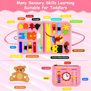 Busy Board Montessori Toys for Toddlers,25 in 1 Preschool Educational Activities Developing Sensory Basic Life-Skills Learning Self-dressing Puzzle Toys for Infants, 3-5 Year Old Boys Girls (Pink)