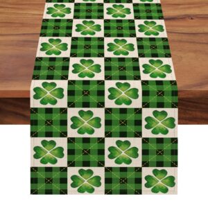 seliem st. patrick's day shamrock clover table runner, green buffalo plaid check kitchen dining table decor, irish burlap home decoration indoor outdoor holiday party supply 13 x 72 inches