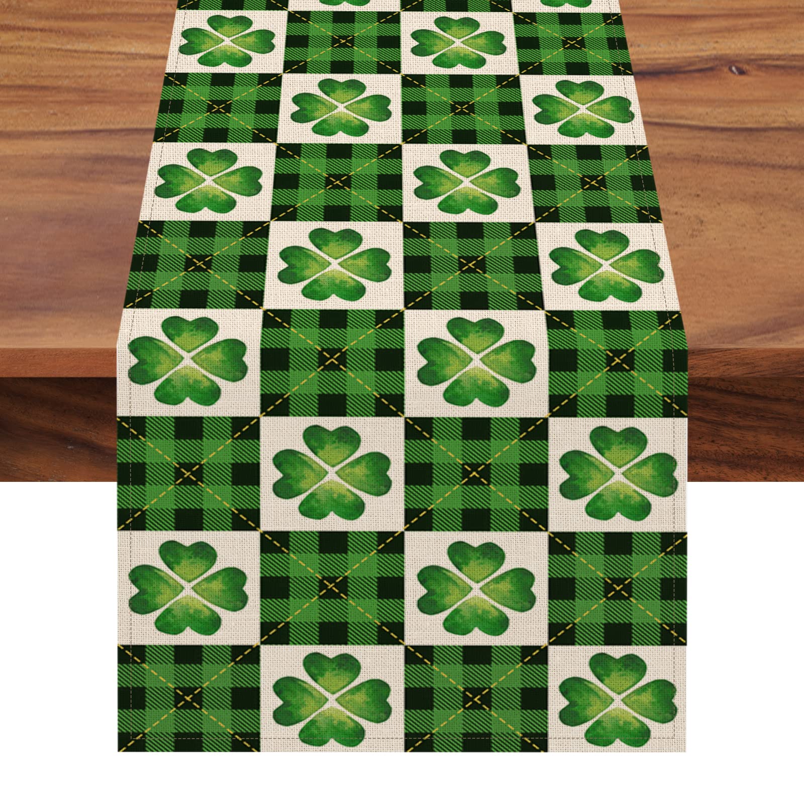 Seliem St. Patrick's Day Shamrock Clover Table Runner, Green Buffalo Plaid Check Kitchen Dining Table Decor, Irish Burlap Home Decoration Indoor Outdoor Holiday Party Supply 13 x 72 Inches