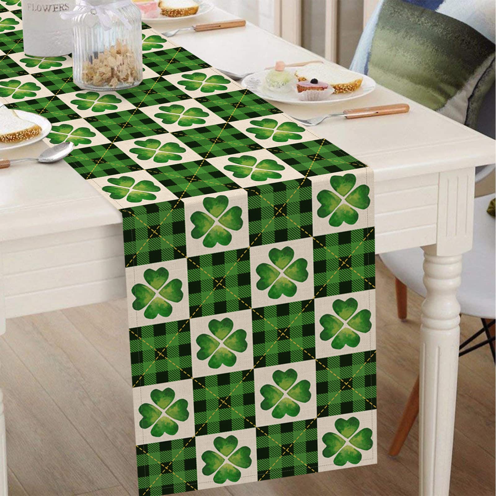 Seliem St. Patrick's Day Shamrock Clover Table Runner, Green Buffalo Plaid Check Kitchen Dining Table Decor, Irish Burlap Home Decoration Indoor Outdoor Holiday Party Supply 13 x 72 Inches