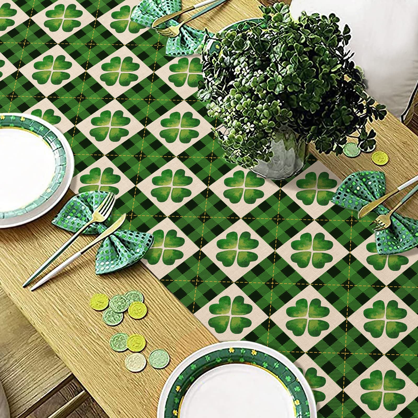 Seliem St. Patrick's Day Shamrock Clover Table Runner, Green Buffalo Plaid Check Kitchen Dining Table Decor, Irish Burlap Home Decoration Indoor Outdoor Holiday Party Supply 13 x 72 Inches