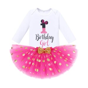 smash cake outfit girl, toddler kids baby girls birthday princess outfits long sleeve mini infant girl romper polka dots tutu dress bow headband party supplies hot pink - 1st birthday girl 1y