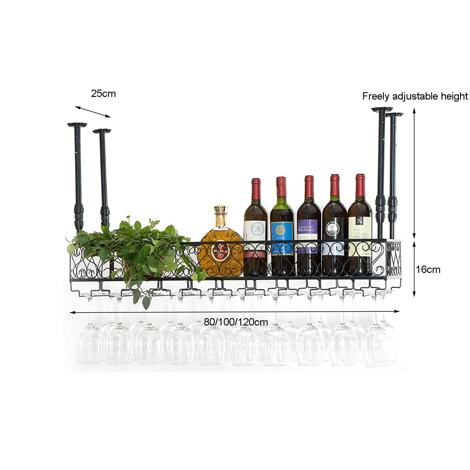 DACYS Wine Racks,Ceiling Shelf Ceiling Shelf Mounted Floating Suspended Wine Rack,Industrial Style Stemware Holder for Bars/Restaurants/Kitchens Storage,Height Can Be Adjusted Freely/Black/120 * 25Cm