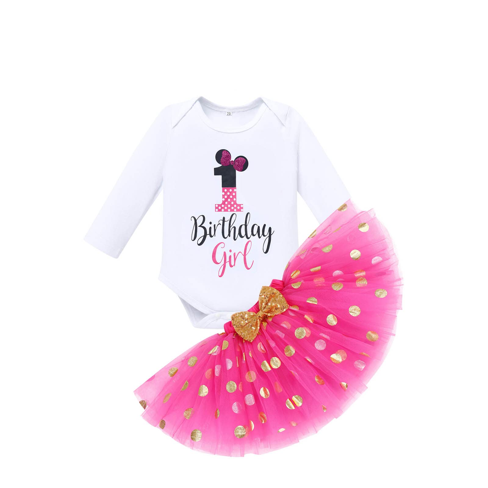 Smash Cake Outfit Girl, Toddler Kids Baby Girls Birthday Princess Outfits Long Sleeve Mini Infant Girl Romper Polka Dots Tutu Dress Bow Headband Party Supplies Hot Pink - 1st birthday girl 1Y