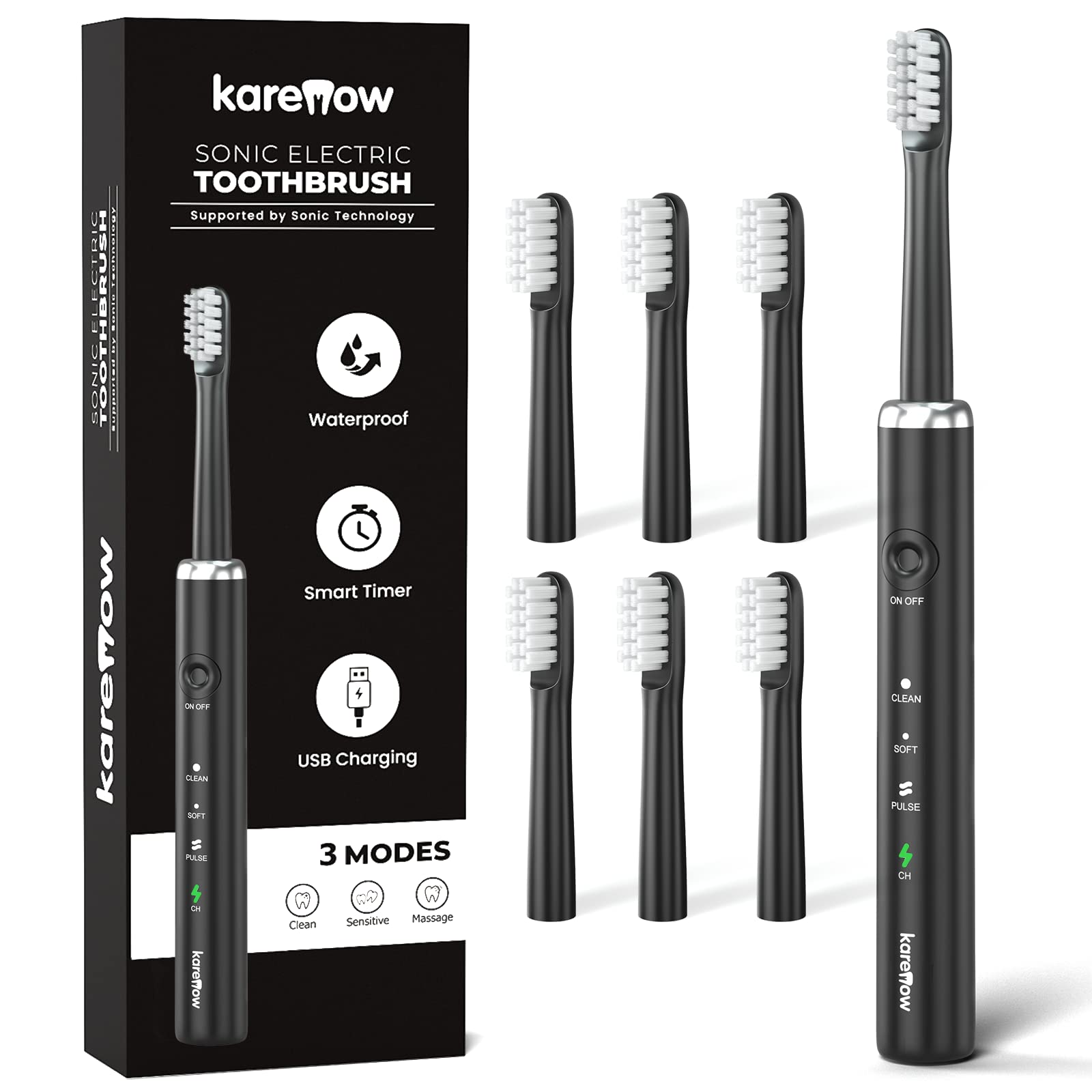 Electric Toothbrush with 6 Brush Heads - Travel Rechargeable Electric Power Toothbrushes, IPX7 Waterproof 2 Minutes Smart Timer, 4 Hours Fast Charge for 60 Days