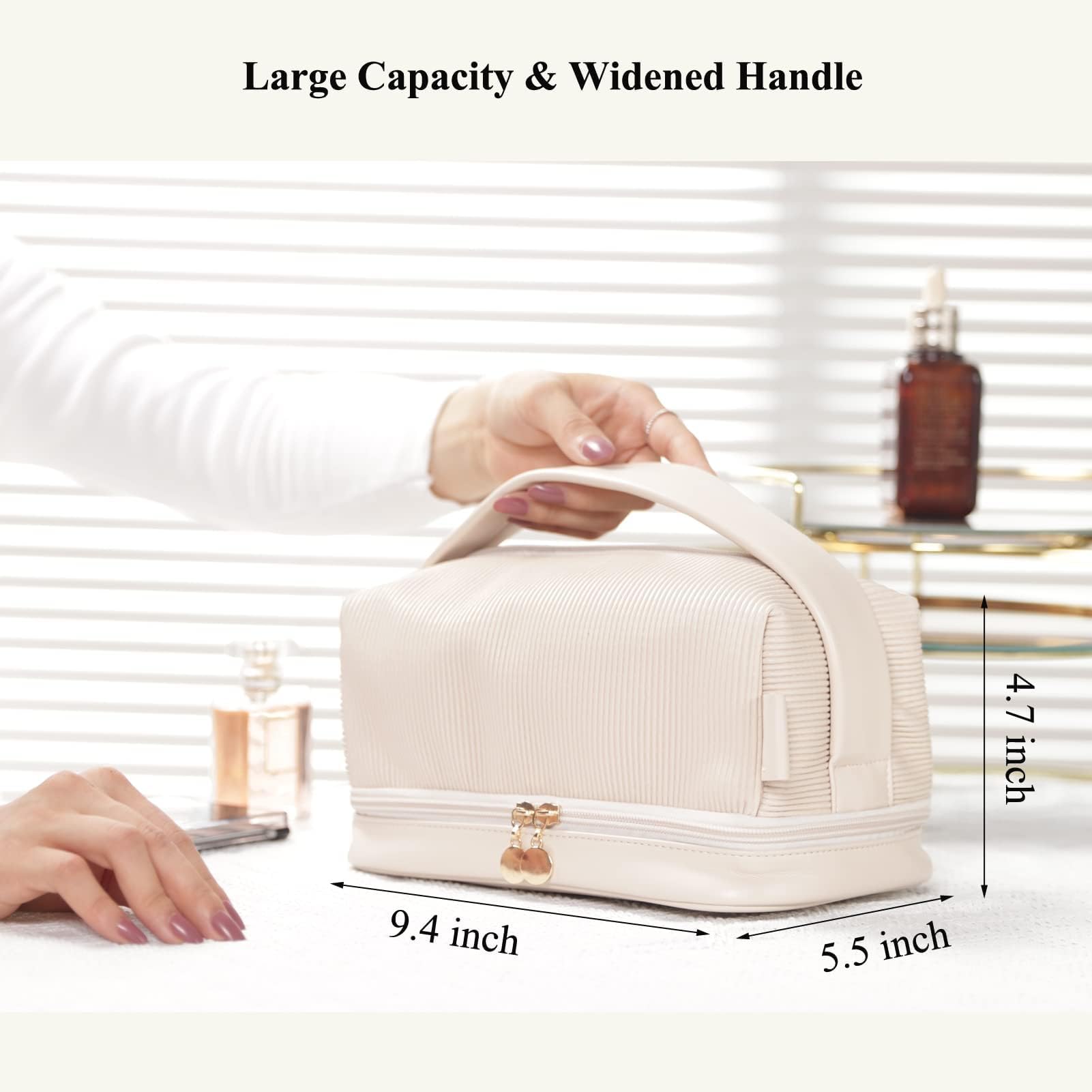 Makeup Travel Bag for Women, Large Capacity Water Proof Vegan Leather Cosmetic Bags, Double Layer Make up Organizer Bag