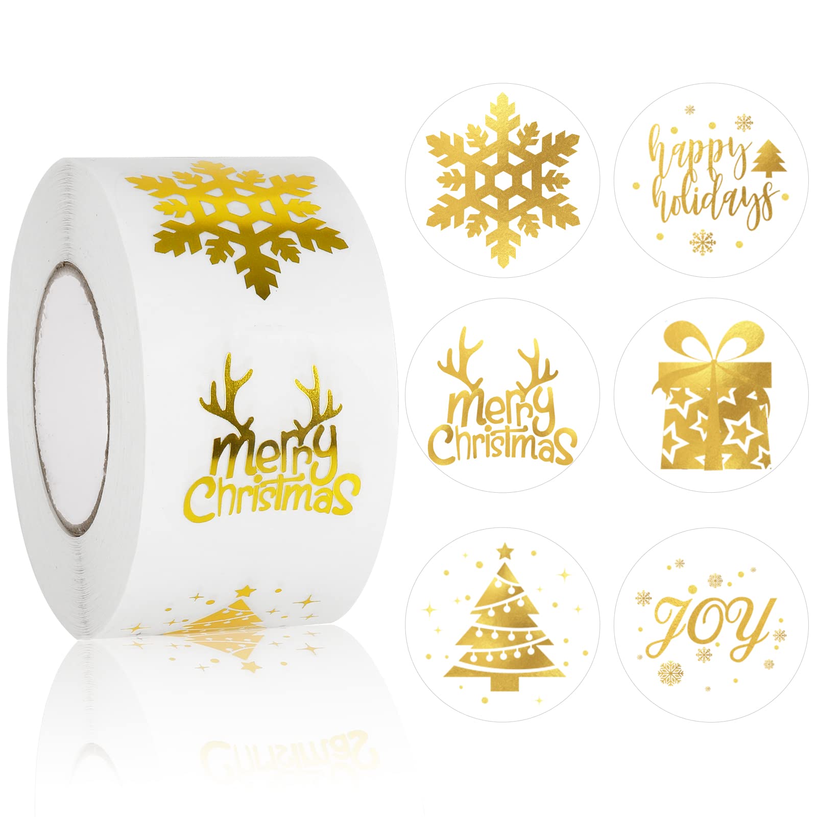 Whaline 1200Pcs Christmas Clear Stickers 6 Styles Foil Gold Transparent Round Label Stickers 1.5in Snowflake Xmas Tree Pattern Stickers for Xmas Envelope Sealing Invitation Greeting Cards Gift Decor