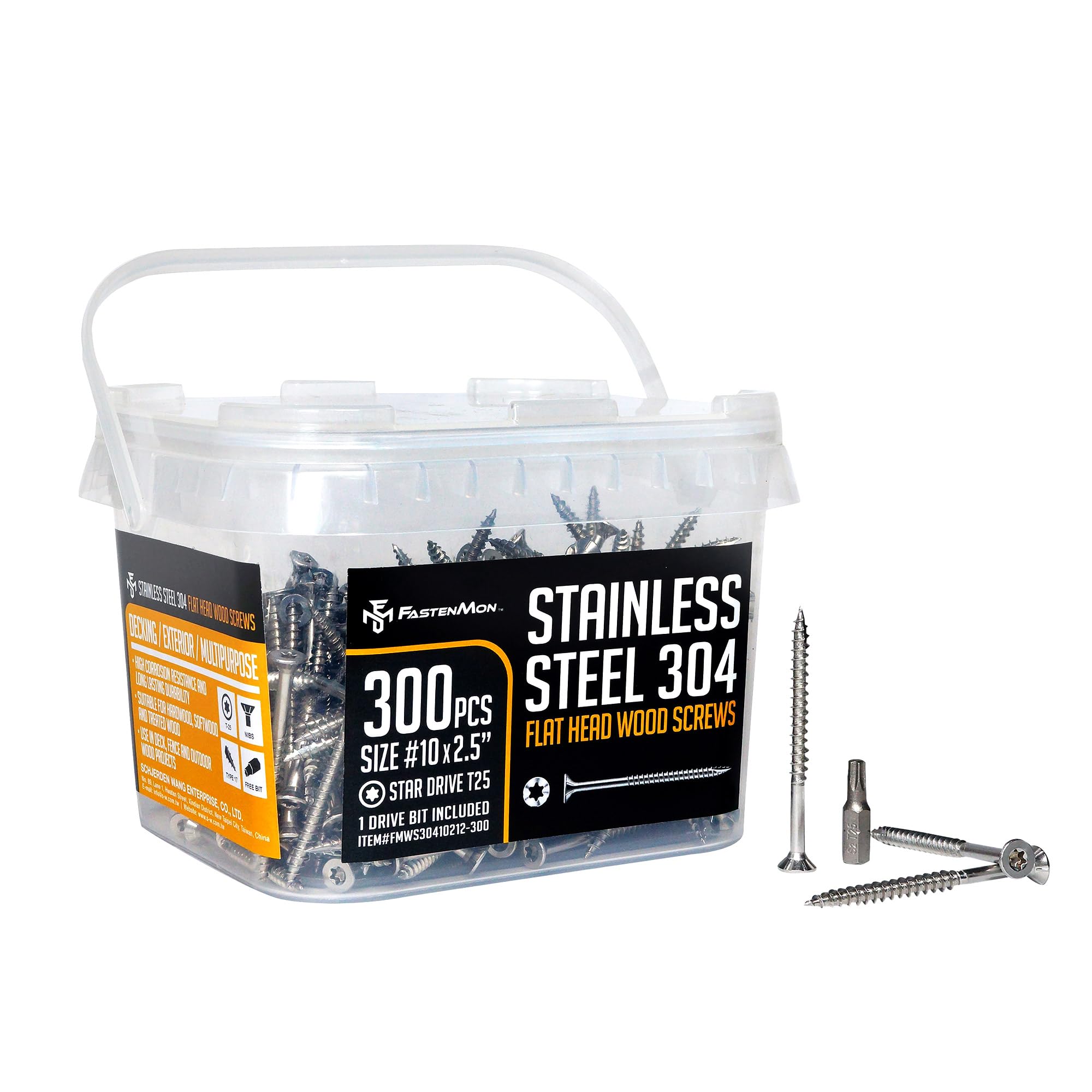 FM FastenMon #10 x 2-1/2" (300 PCS) Stainless Steel Deck Screws - 304 Grade with T25 Star Drive Bit - Ideal for Outdoor Wood Projects, Fences, Garden Bench, Picnic Table, and Decks - Bulk Box