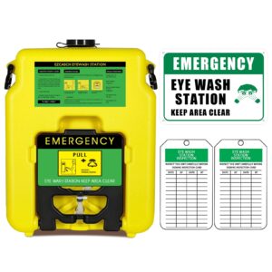 ezcasch portable eyewash station 14-gallon osha approved with one station sign and two inspection tags, wall mounted gravity-flow indoors and out, 53l refillable eyewash station heavy duty, yellow