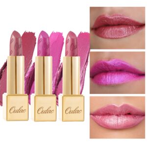 oulac metallic pink lipstick set 3pcs high impact lipcolor with moisturizing formula, vegan beauty, full-coverage lip color 4.3g x 3pcs