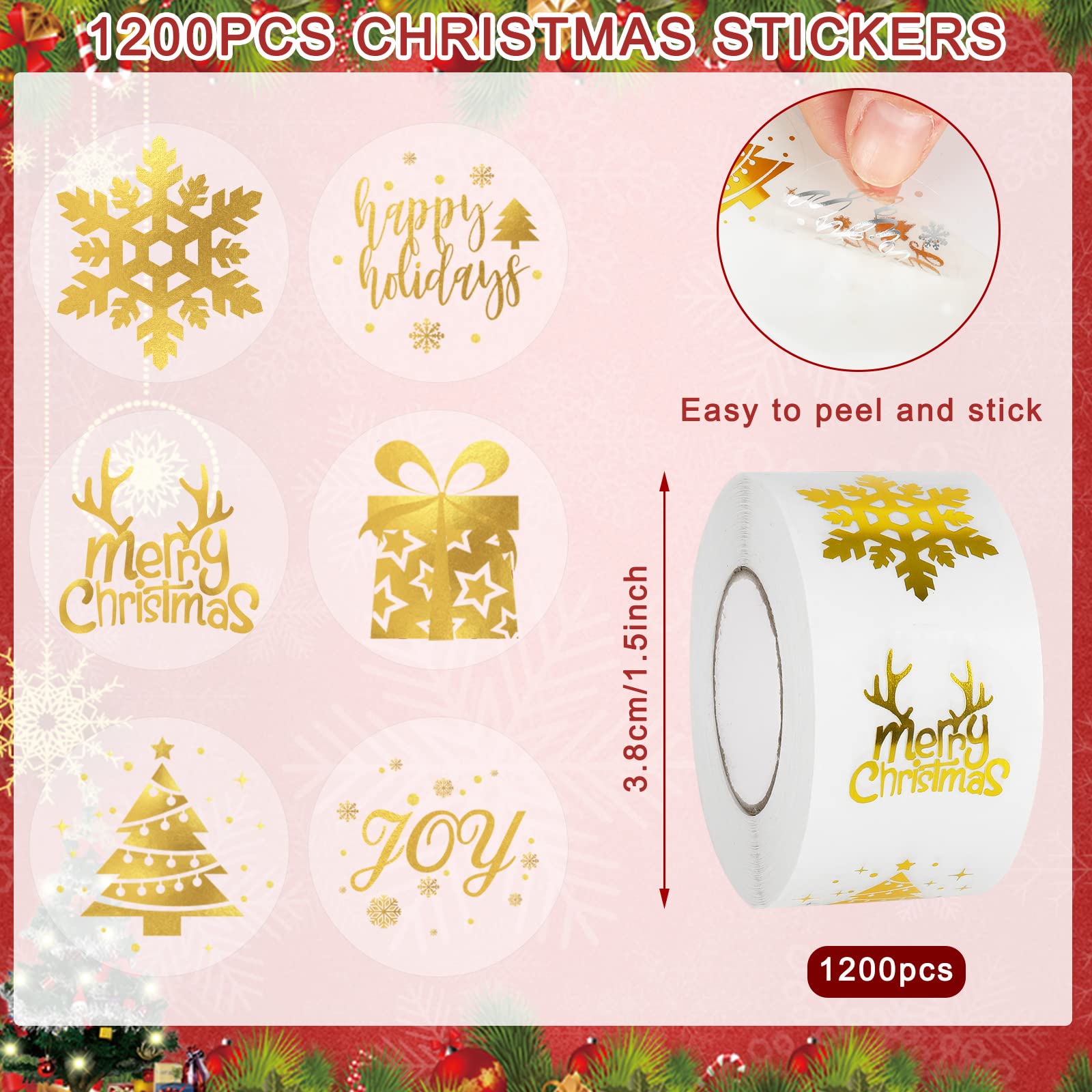 Whaline 1200Pcs Christmas Clear Stickers 6 Styles Foil Gold Transparent Round Label Stickers 1.5in Snowflake Xmas Tree Pattern Stickers for Xmas Envelope Sealing Invitation Greeting Cards Gift Decor