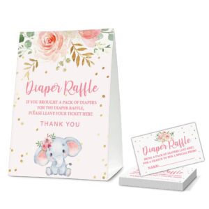 ondtom pink floral elephant baby shower party 5"x7" self-standing diaper raffle sign with 50 cards(2.1"x3.5"), baby gender announce party decorations supplies - diaper-h01