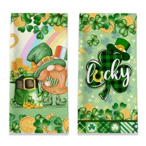 unibyby st patricks day kitchen towels, st patricks day towels set of 2, st patrick's day dish tea towels for bathroom with leprechaun gnomes shamrocks lucky decorations for home (18x28 inches)