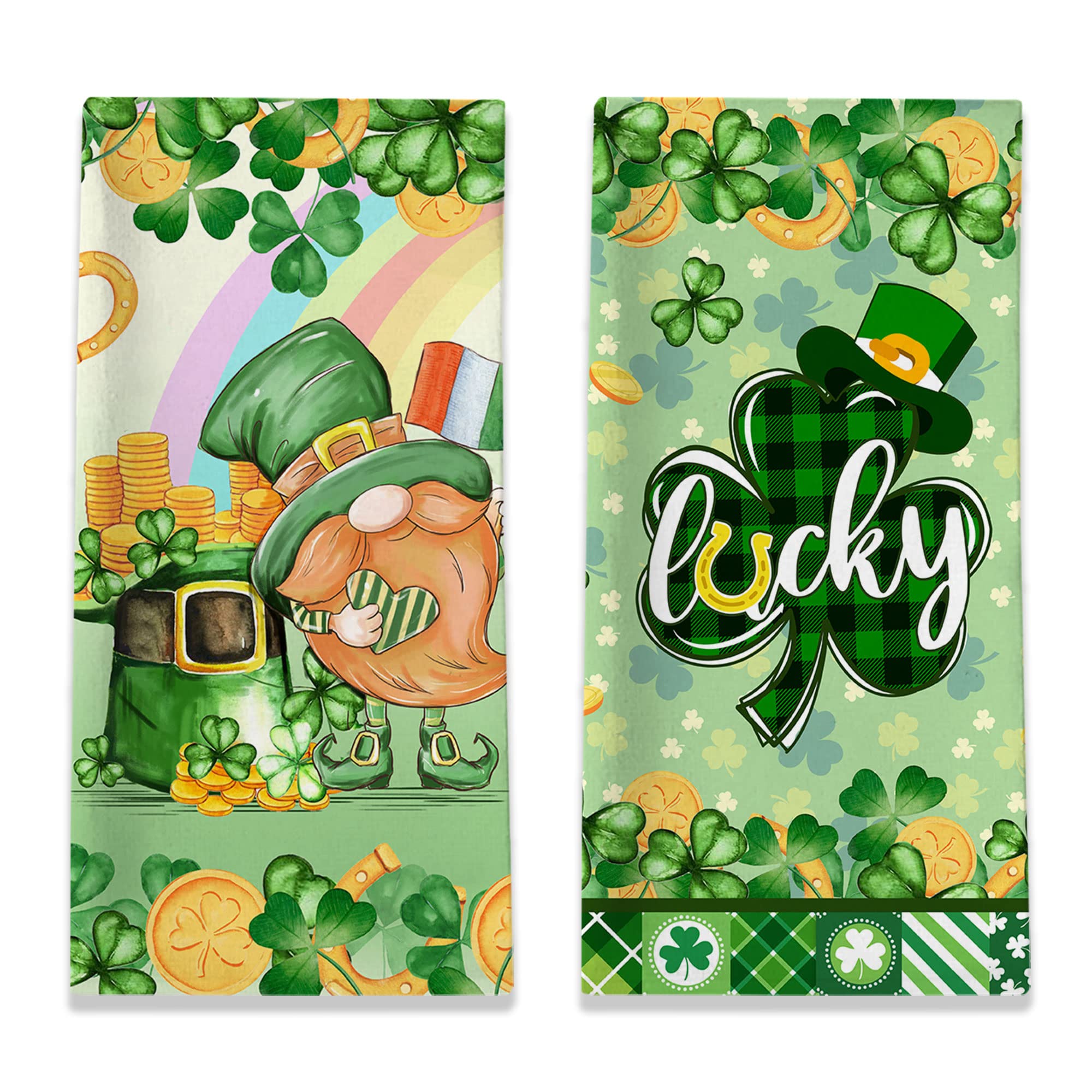 Unibyby St Patricks Day Kitchen Towels, St Patricks Day Towels Set of 2, St Patrick's Day Dish Tea Towels for Bathroom with Leprechaun Gnomes Shamrocks Lucky Decorations for Home (18x28 Inches)