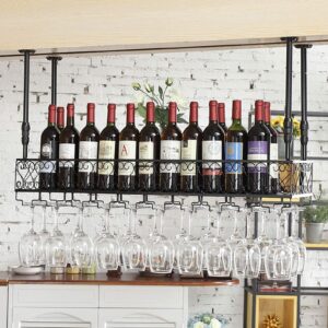 DACYS Wine Racks,Ceiling Shelf Ceiling Shelf Mounted Floating Suspended Wine Rack,Industrial Style Stemware Holder for Bars/Restaurants/Kitchens Storage,Height Can Be Adjusted Freely/Black/120 * 25Cm