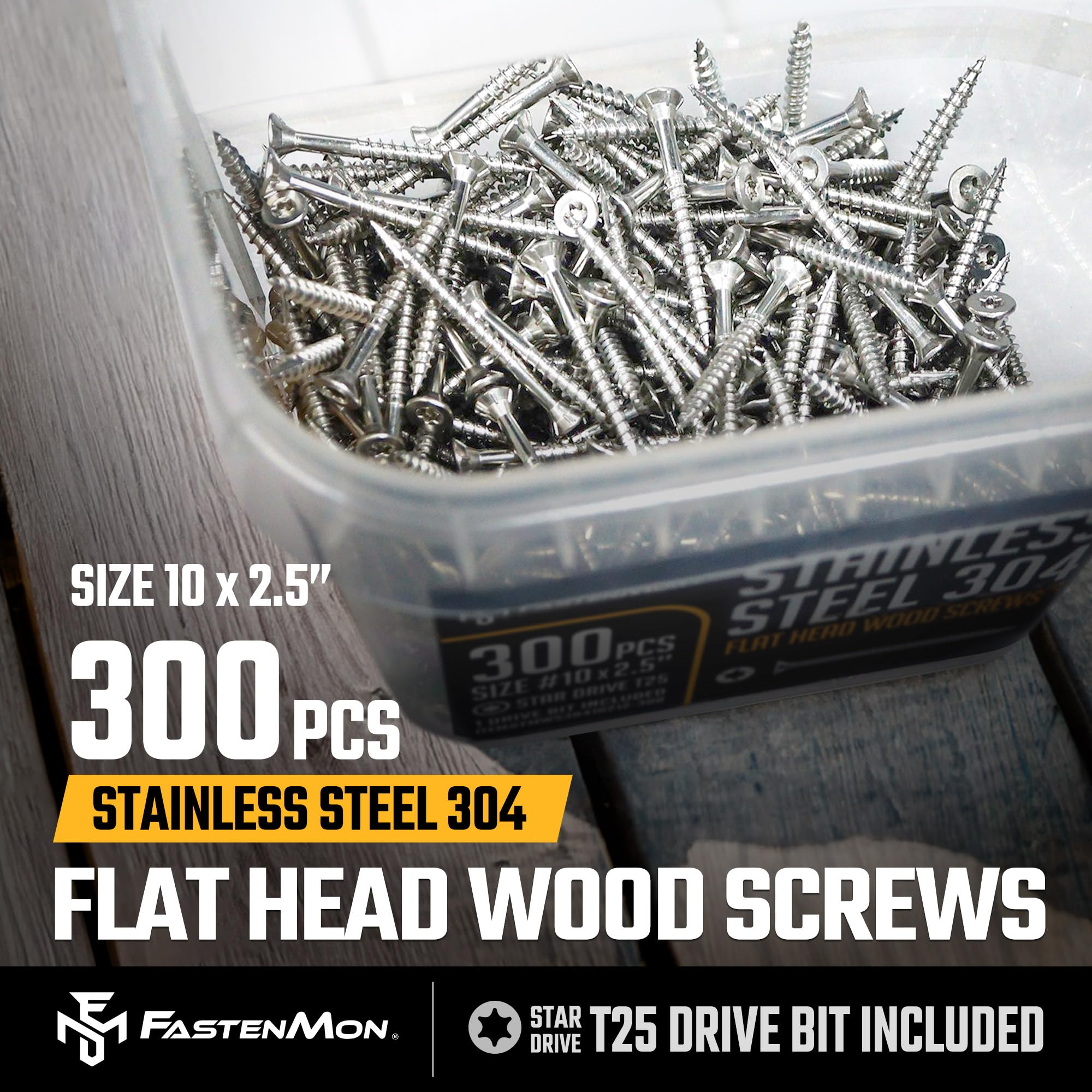 FM FastenMon #10 x 2-1/2" (300 PCS) Stainless Steel Deck Screws - 304 Grade with T25 Star Drive Bit - Ideal for Outdoor Wood Projects, Fences, Garden Bench, Picnic Table, and Decks - Bulk Box