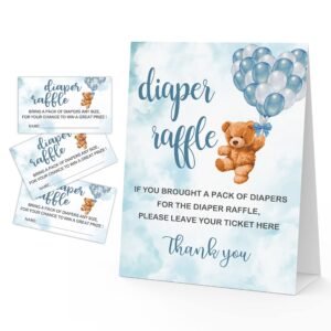 diaper raffle for shower, blue balloon bear cards, 1 sign & 50 guess cards kit, party favors, decorations, for shower reveal gender game to bring a pack of diapers - diaper-b007