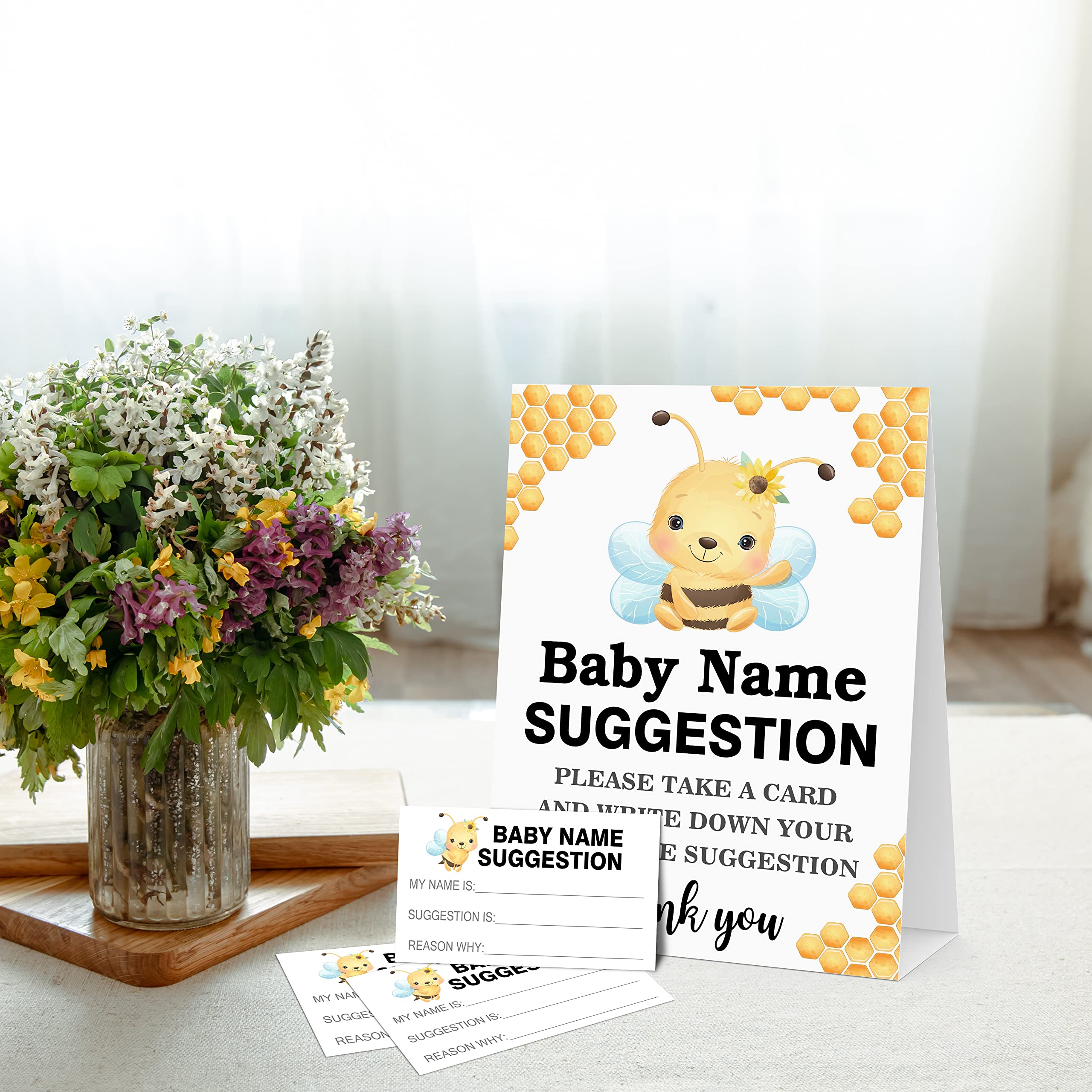 Baby Name Suggestion For Baby Shower, Honeycomb Bumble Bee Name Suggestion Games Cards, 1 Sign & 50 Fill-in Cards Kit, Baby Showers Gender Reveal Game Cards Party Favors, Decorations - NAME-b004