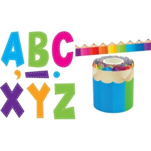 teacher created resources multi bright stitch 7" fun font letters & colored pencils die-cut rolled border trim - 50ft