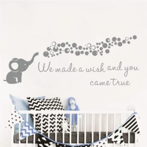 home nursery room wall decor sticker baby elephant blowing bubble wall sticker vinyl wall decal quotes we made a wish and you came true kids bedroom wall mural afn100 (gray)