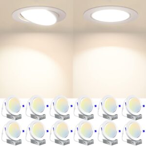 amico 12 pack 6 inch 5cct gimbal led recessed lighting, directional adjustable ceiling downlight, angled dimmable canless light with jbox, 2700k-5000k selectable, 15w=100w 1100lm, etl&fcc