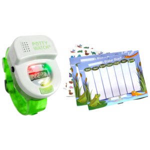 potty time: purple watch & sticker set | water resistant, toilet training aid, warranty included. (automatic timers plays music & flashing lights for fun reminders), green + pond sticker chart kit