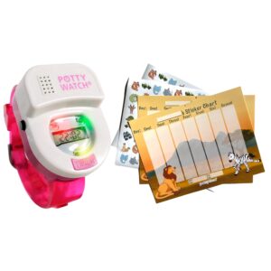 potty time: pink watch & sticker set | water resistant, toilet training aid, warranty included. (automatic timers plays music & flashing lights for fun reminders), pink + savanna sticker chart kit