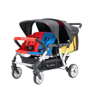 familidoo h4e quad stroller with double canopy rain cover, 4 seat baby stroller with all reclining seats - 4 seater stroller with 5-point harness - backseat footrest extension for 0 to 36 months