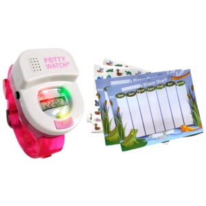 potty time: purple watch & sticker set | water resistant, toilet training aid, warranty included. (automatic timers plays music & flashing lights for fun reminders), pink + pond sticker chart kit