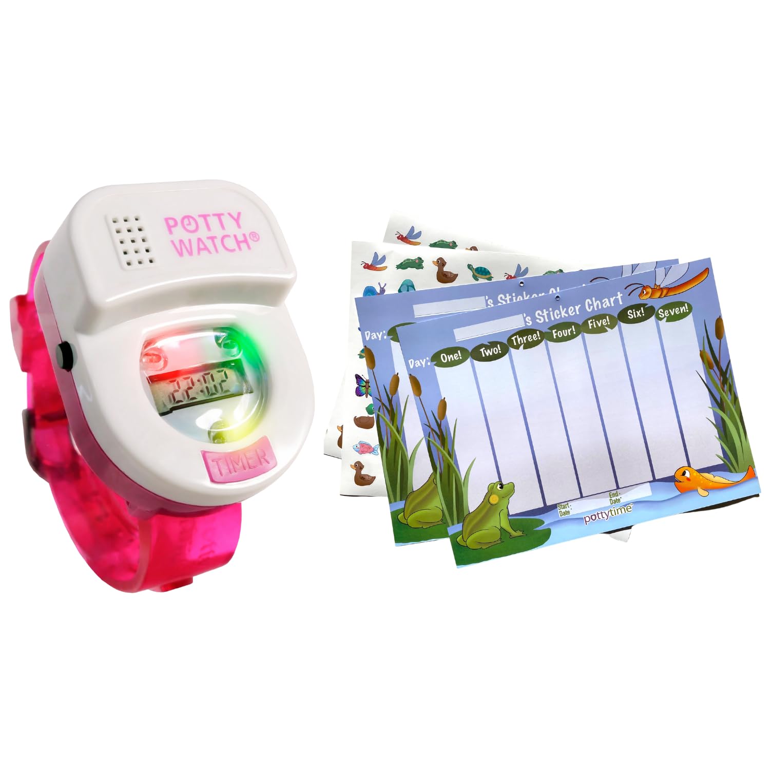 Potty Time: Purple Watch & Sticker Set | Water Resistant, Toilet Training Aid, Warranty Included. (Automatic Timers Plays Music & Flashing Lights for Fun Reminders), Pink + Pond Sticker Chart Kit