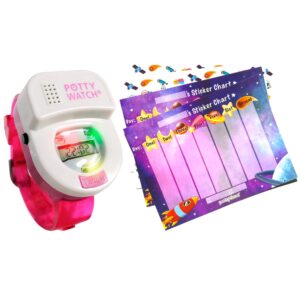 potty time: purple watch & sticker set | water resistant, toilet training aid, warranty included. (automatic timers plays music & flashing lights for fun reminders), pink + space sticker chart kit