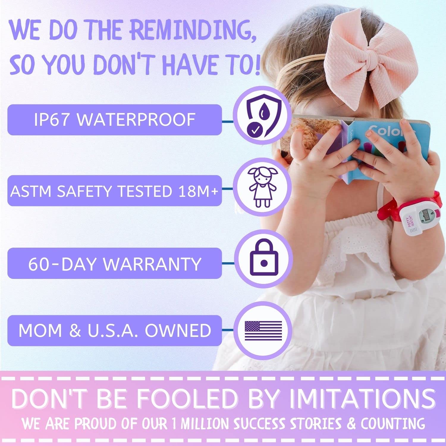 Potty Time: Purple Watch & Sticker Set | Water Resistant, Toilet Training Aid, Warranty Included. (Automatic Timers Plays Music & Flashing Lights for Fun Reminders), Pink + Pond Sticker Chart Kit